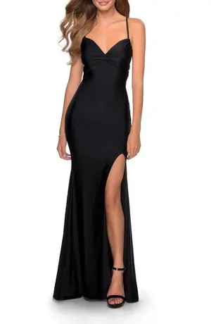 La Femme Form Fitting Jersey Gown - Black