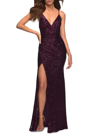 La Femme Sequin Gown With Strappy Open Back - Dark Berry