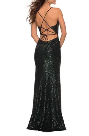 La Femme Sequin Gown With Strappy Open Back - Dark Emerald