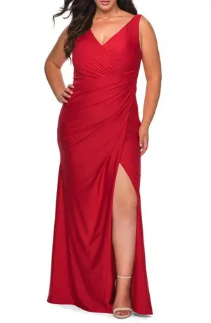 La Femme Sequin Off-the-shoulder Dress - Red