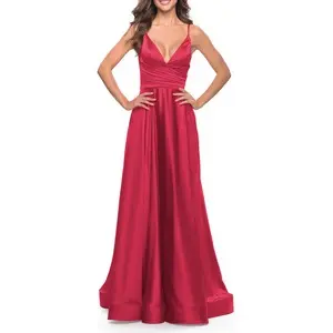 La Femme Long Satin Gown With Slit - Red
