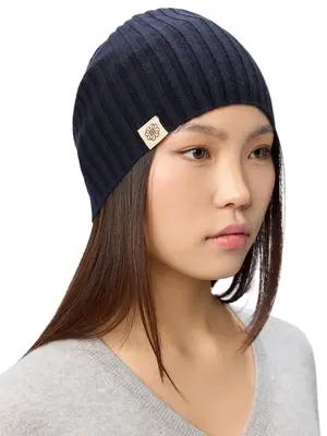 GOBI MONGOLIAN CASHMERE Rib Knit Beanie - Navy Blazer
