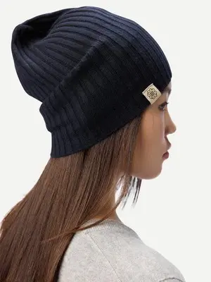 GOBI MONGOLIAN CASHMERE Rib Knit Beanie - Navy Blazer