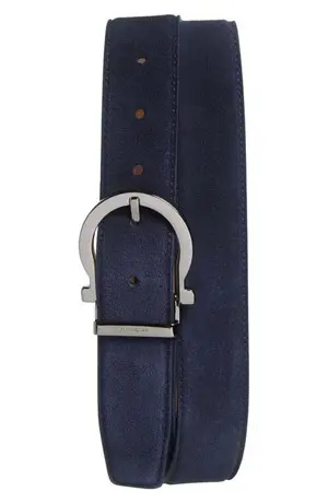 FERRAGAMO Single Gancio Suede Belt - Navy Naturale Beige Tortora