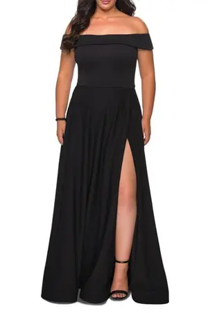 La Femme Off-the-shoulder Column Gown - Black