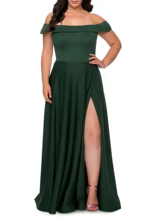 La Femme Off-the-shoulder Column Gown - Emerald