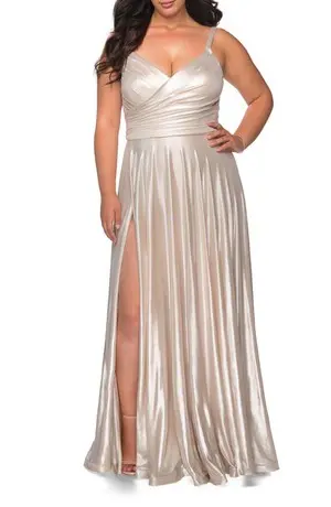 La Femme Metallic Jersey Long Dress