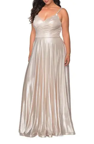 La Femme Metallic Jersey Long Dress