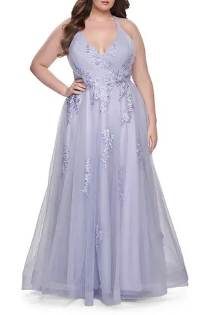 La Femme A-line Gown With Floral Embroidery - Light Periwinkle