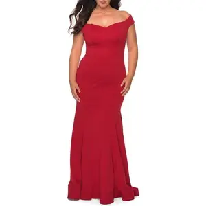 La Femme Off-the-shoulder Jersey Gown - Red