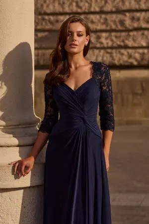 La Femme Jersey Gown With Lace Sleeves - Navy