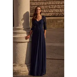 La Femme Jersey Gown With Lace Sleeves - Navy