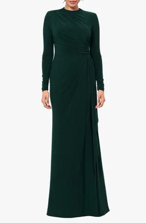 Betsy & Adam Side Ruffle Long Sleeve Gown - Forest