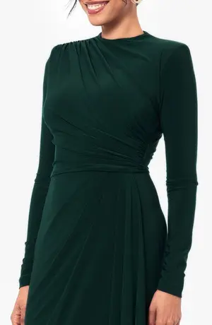 Betsy & Adam Side Ruffle Long Sleeve Gown - Forest