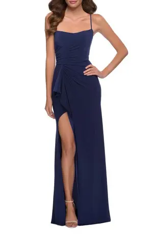 La Femme Modern Jersey Gown With Ruffle Detail - Navy