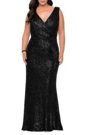 La Femme Long Sequin Gown - Black