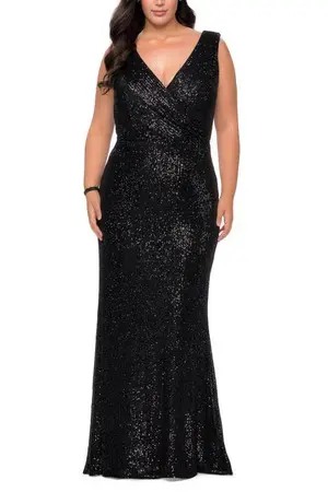 La Femme Long Sequin Gown - Black
