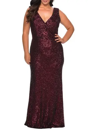 La Femme Long Sequin Gown - Wine