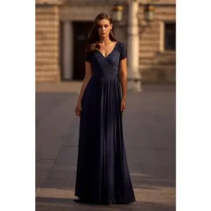 La Femme Jersey Evening Dress With Lace Sleeves - Navy