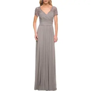 La Femme Jersey Evening Dress With Lace Sleeves - Silver