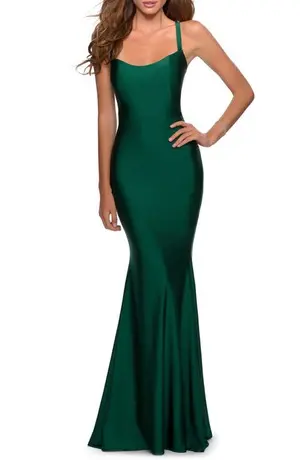 La Femme Form Fitting Gown With Lace-up Back - Emerald