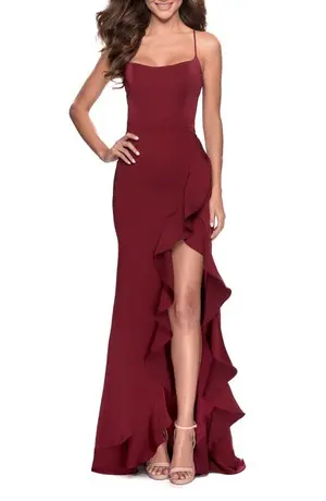 Wine Strappy Ruffled Dresses