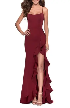 Wine Strappy Ruffled Dresses