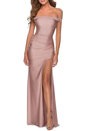 La Femme Off-the-shoulder Gown With Tie Back And Slit - Mauve