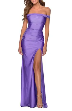 La Femme Off-the-shoulder Gown With Tie Back And Slit - Periwinkle