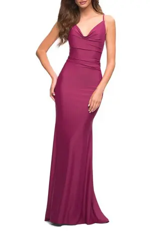 La Femme Luxe Jersey Gown With Draped Neckline - Berry