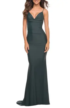 La Femme Luxe Jersey Gown With Draped Neckline - Dark Emerald