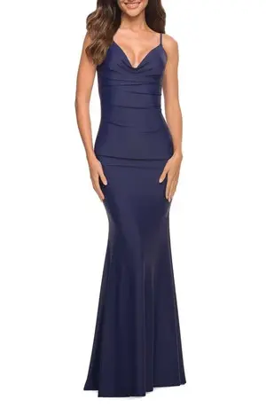 La Femme Luxe Jersey Gown With Draped Neckline - Navy