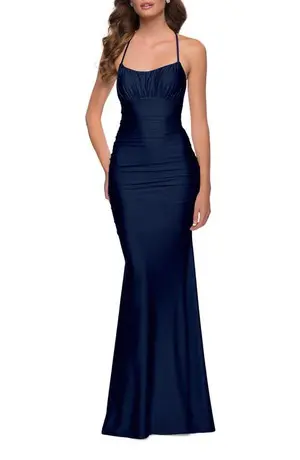 La Femme Jersey Gown With Criss-cross Back - Navy