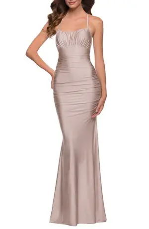La Femme Jersey Gown With Criss-cross Back - Nude