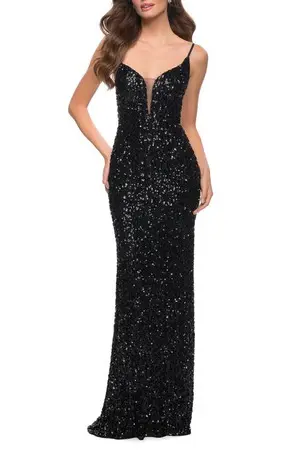 La Femme Sequin Gown With Open Back - Black