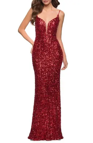 La Femme Sequin Gown With Open Back - Red