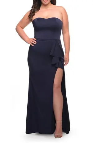La Femme Strapless Column Gown With Ruffle Slit Detail - Navy