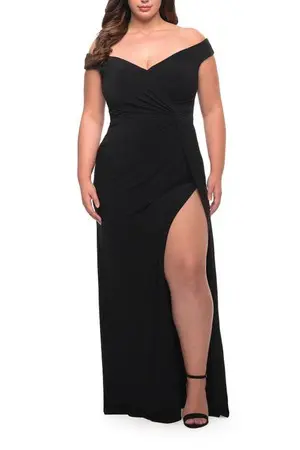 La Femme Off-the-shoulder Jersey Gown - Black