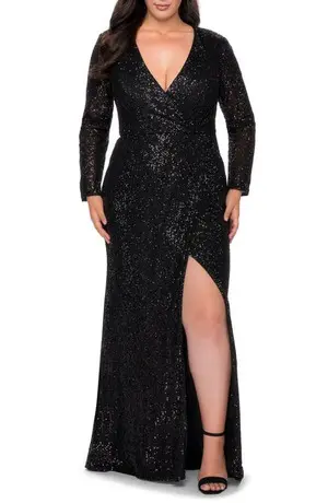 La Femme Long Sleeve Sequin Dress With Slit - Black