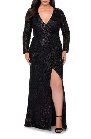 La Femme Long Sleeve Sequin Dress With Slit - Black
