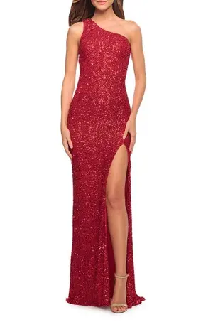 La Femme One Shoulder Sequined Gown With Slit - Red