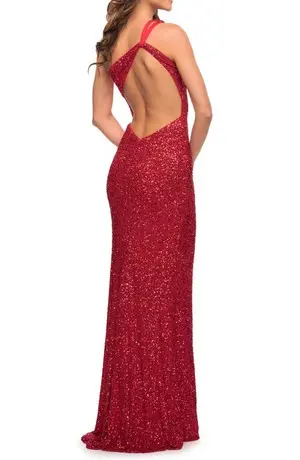 La Femme One Shoulder Sequined Gown With Slit - Red