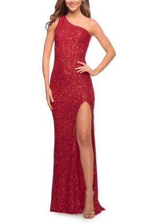 La Femme One Shoulder Sequined Gown With Slit - Red