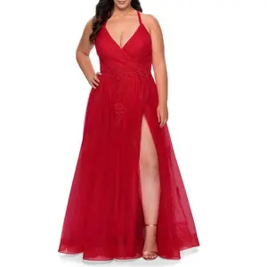 La Femme A-line Tulle Gown With Floral Detailing - Red