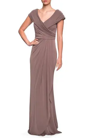 La Femme Ruched Jersey Long Gown With V-neckline - Cocoa