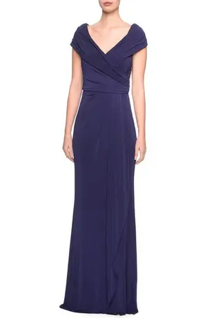 La Femme Ruched Jersey Long Gown With V-neckline - Navy