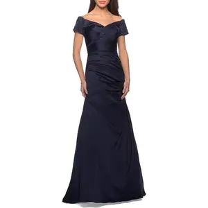 La Femme Off-the-shoulder Beaded Satin Trumpet Gown - Navy