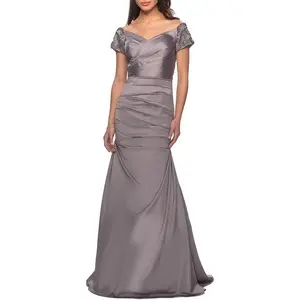La Femme Off-the-shoulder Beaded Satin Trumpet Gown - Silver