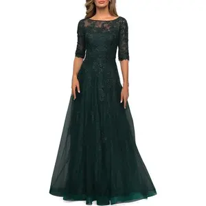 La Femme Lace And Tulle A-line Gown - Emerald