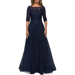 La Femme Lace And Tulle A-line Gown - Navy